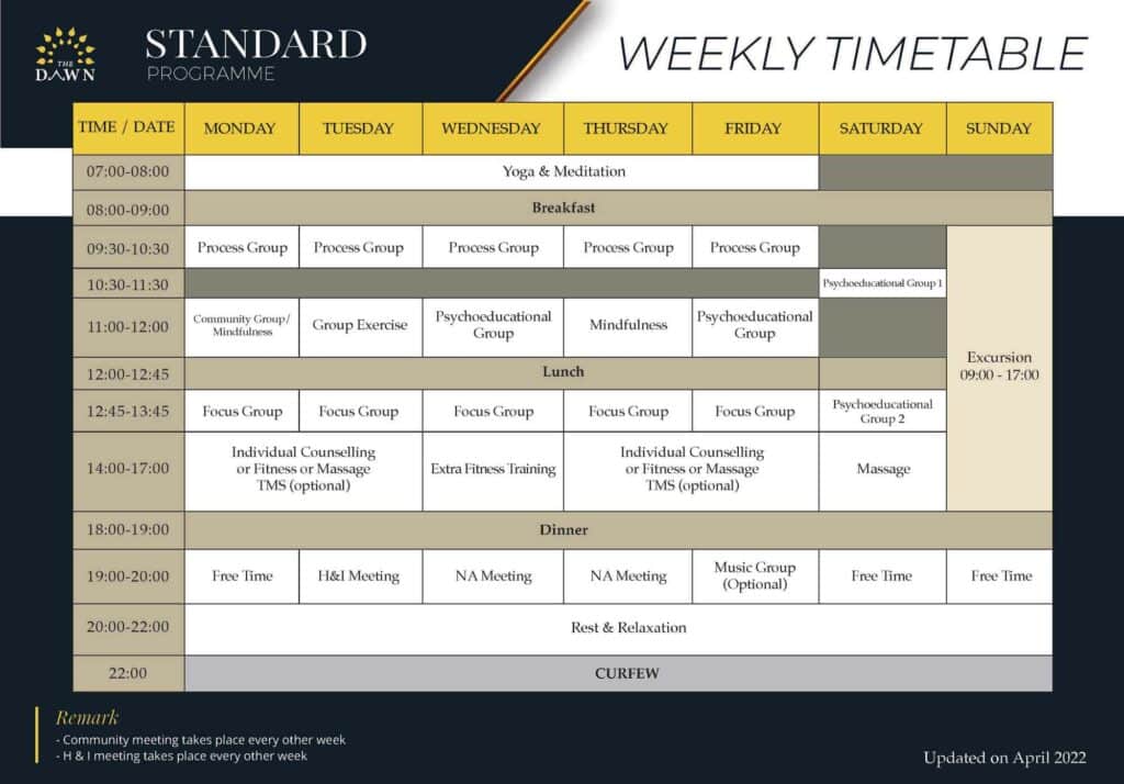 Weekly Timetable - The Dawn Wellness Centre & Rehab Thailand